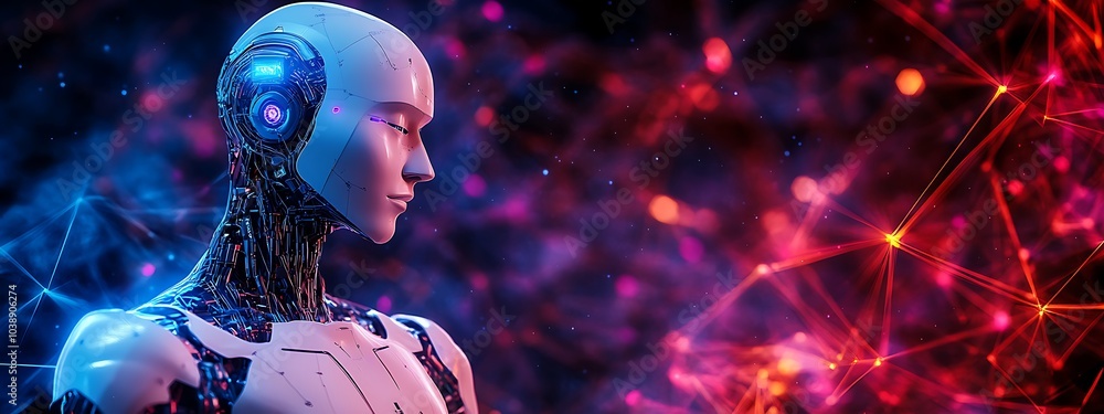 3D humanoid AI robot metaverse cyberspace digital world background ...