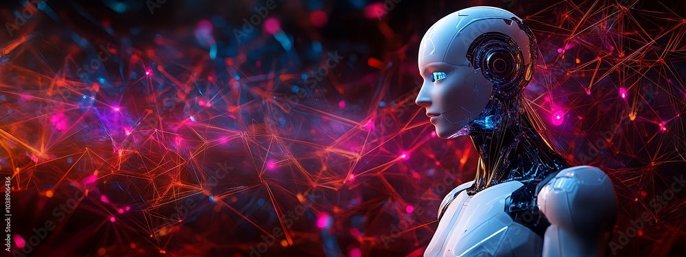 3D humanoid AI robot metaverse cyberspace digital world background ...