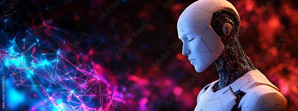 3D humanoid AI robot metaverse cyberspace digital world background ...
