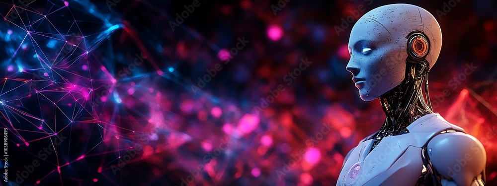 3D humanoid AI robot metaverse cyberspace digital world background ...