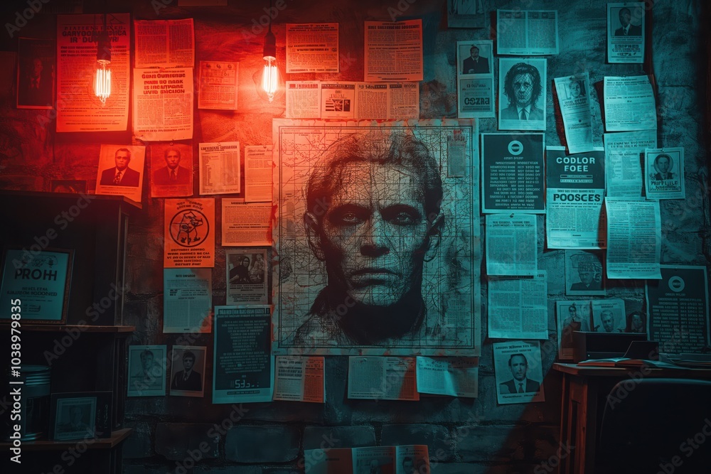 Mysterious crime investigation wall in dimly lit detective office Stock ...