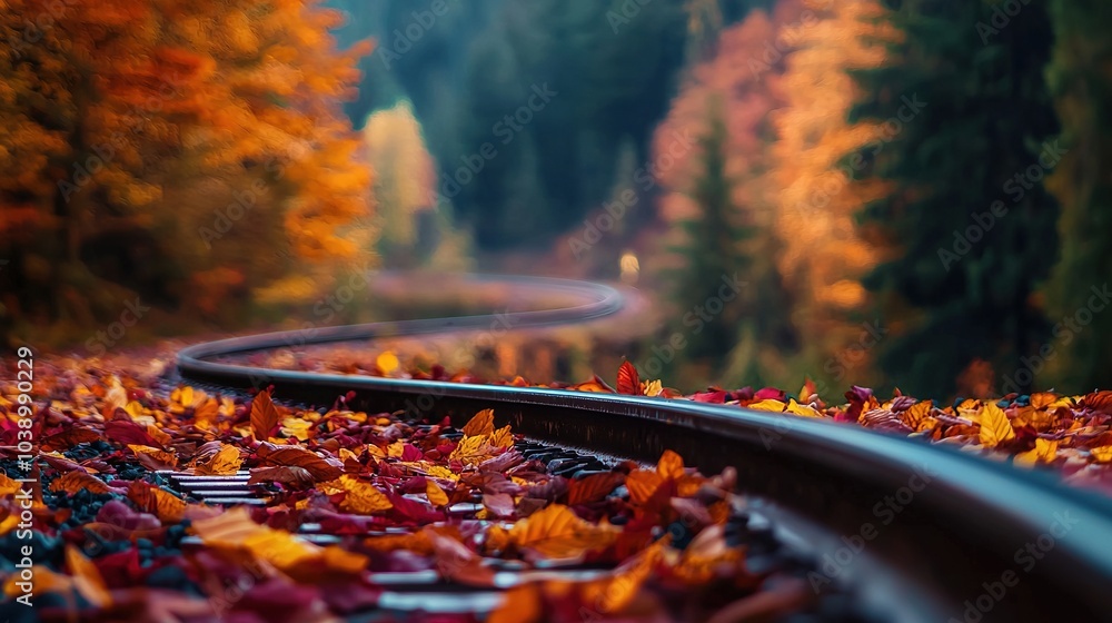 Autumn leaves surround a train track in the forest, with the track ...
