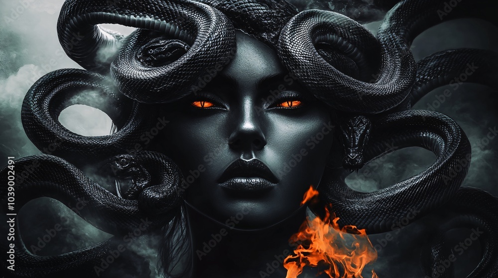 medusa, black female, fantasy character portrait, her hair are snakes ...