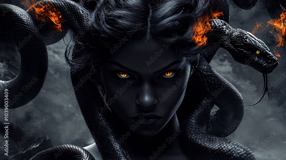 medusa, black female, fantasy character portrait, her hair are snakes ...
