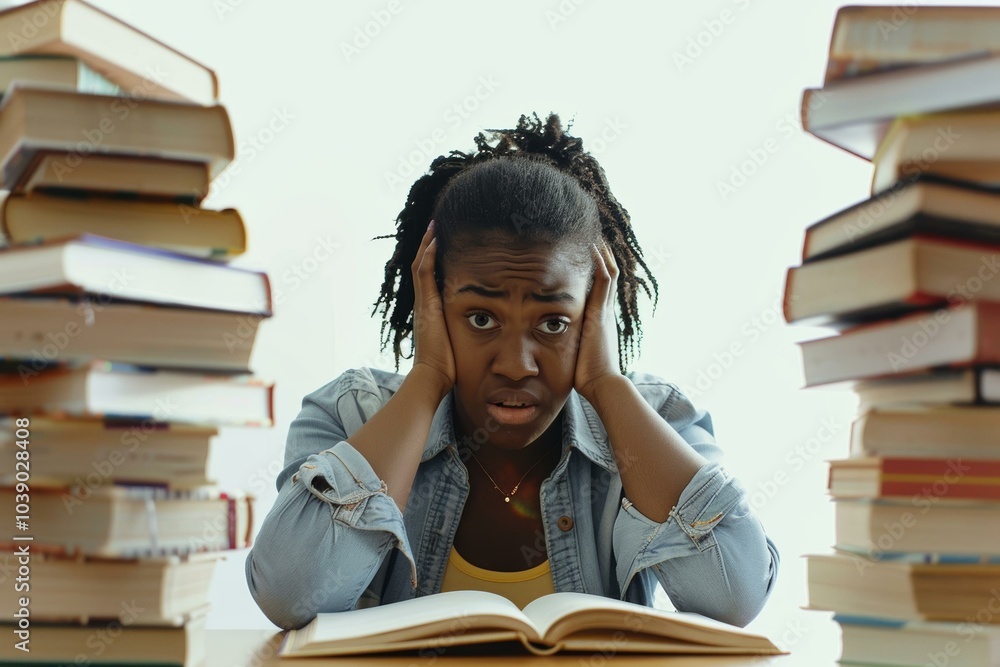 Stressed student overwhelmed by study workload, surrounded by towering ...