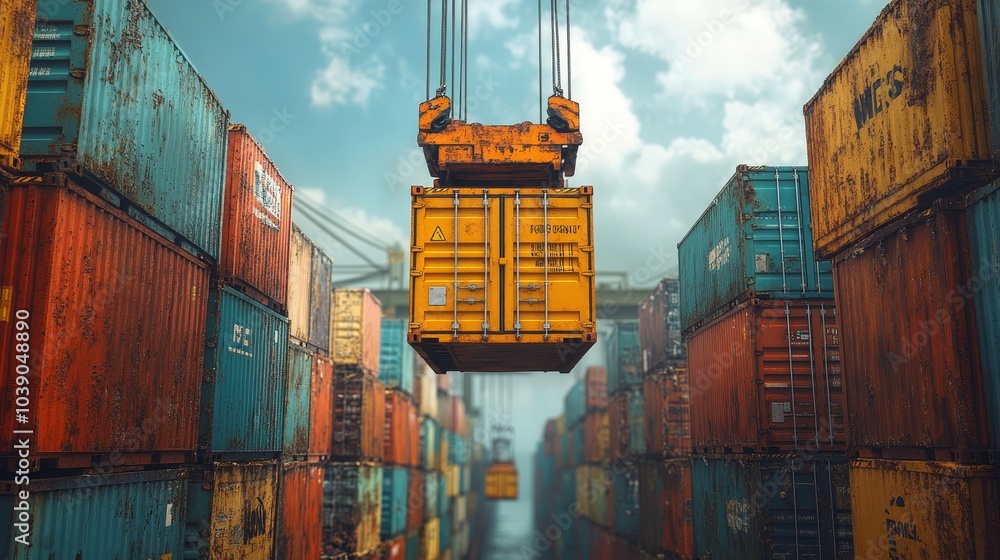 Vibrant, heavy-duty crane is lifting a yellow shipping container among ...