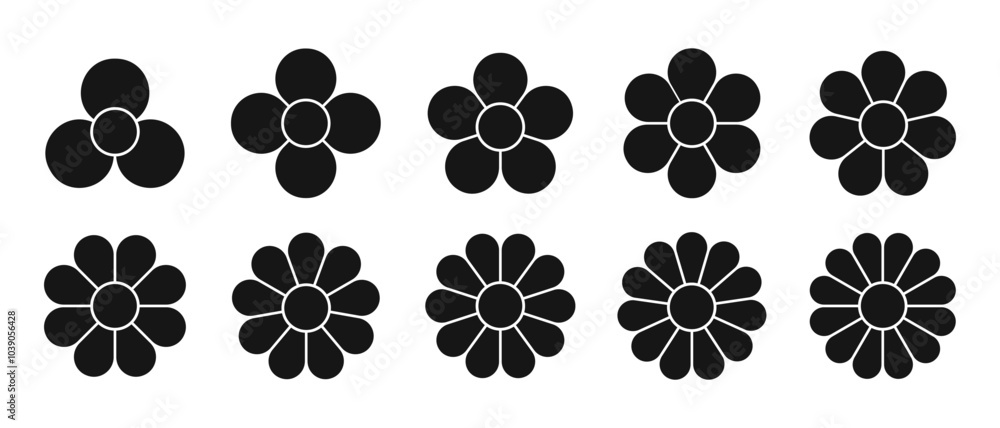 Set of flower diagrams with petals and core. Floral pie chart divided ...