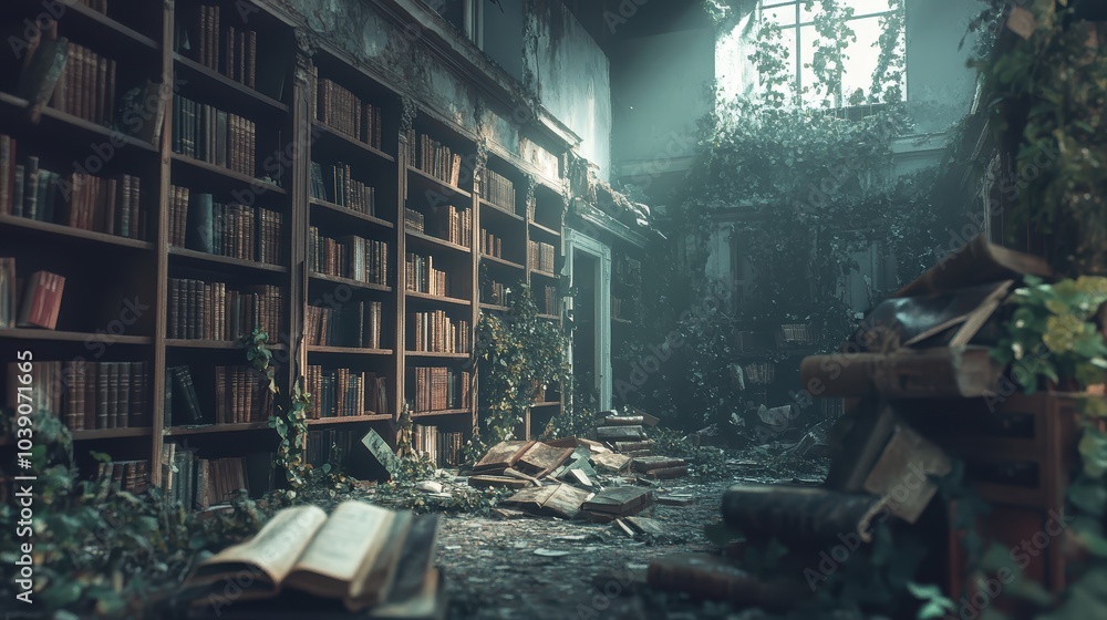 A decayed library, its shelves collapsed and books disintegrating, with nature creeping in ...