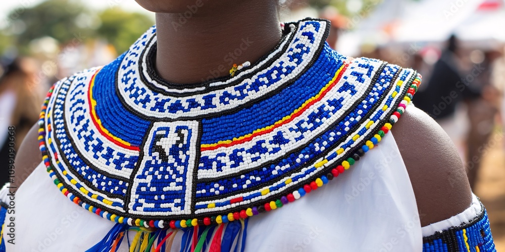 Zulu Reed Dance Attire. A close-up of vibrant beads and traditional ...