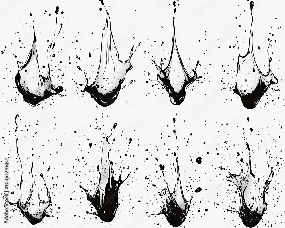 Eight black liquid splashes on white. Perfect for graphic design ...
