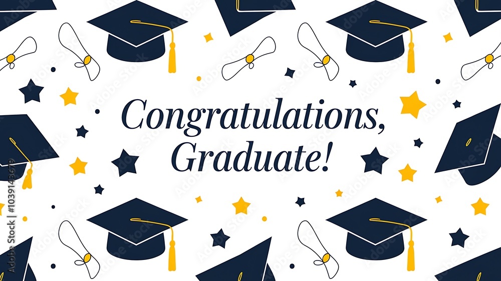Graduation Congratulations Card with Caps, Diplomas, and Stars Stock ...