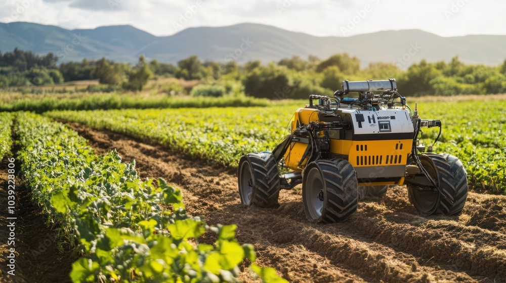 A fully automated agricultural robot tending to crops in a large field ...