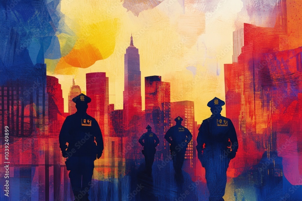 abstract illustration of American law enforcement featuring a city ...
