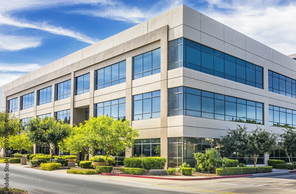 High-end commercial office building with large windows and concrete ...