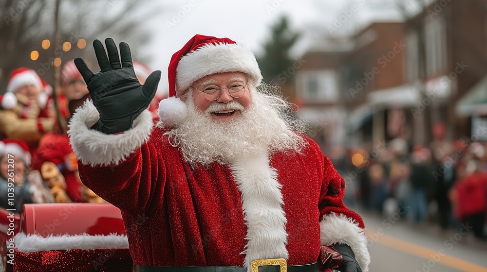 Christmas parade, with floats, marching bands, and Santa Claus waving ...