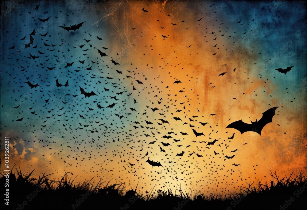 Halloween black bats flying silhouettes spiraling upwards and fading ...