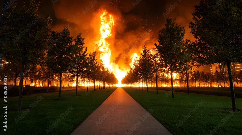 Intense flames and sparks consuming a row of trees in an urban park ...