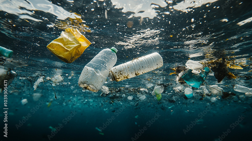 Ocean pollution Plastic waste floating in water Stock Photo | Adobe Stock