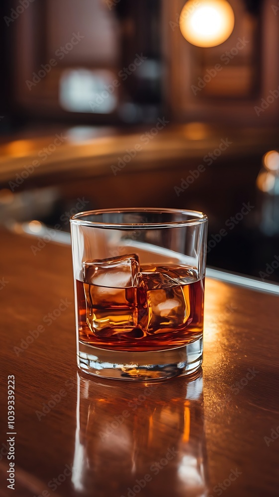 Timeless Whiskey Elegance. Classic Bar Counter, Crystal Whiskey Glass ...