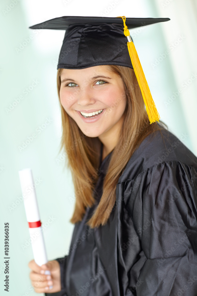 College, graduation and portrait of woman with scroll for learning ...