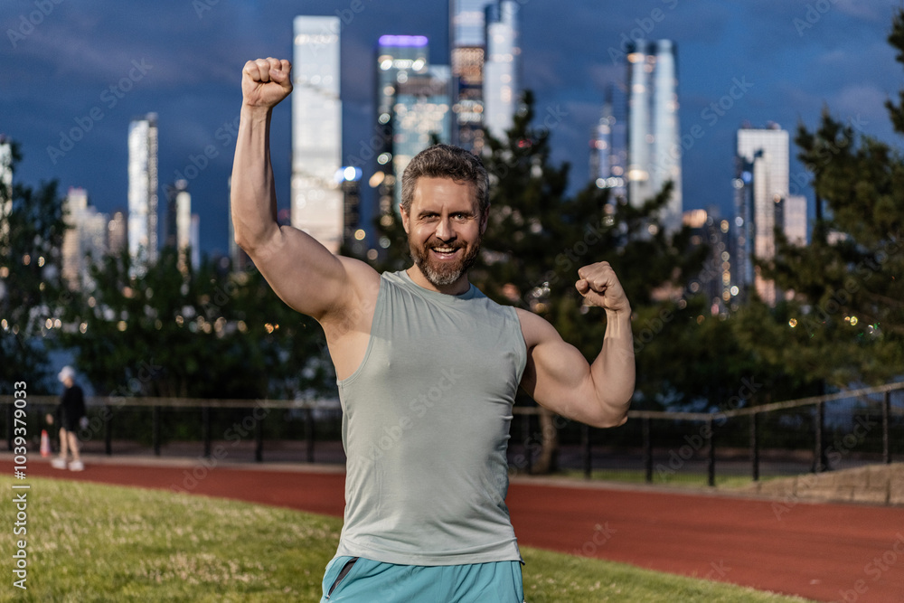Strong muscular man sportsman. Sport success. Sport workout outdoor ...