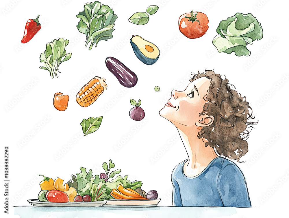 Watercolor clipart of a woman looking up at floating healthy foods in ...