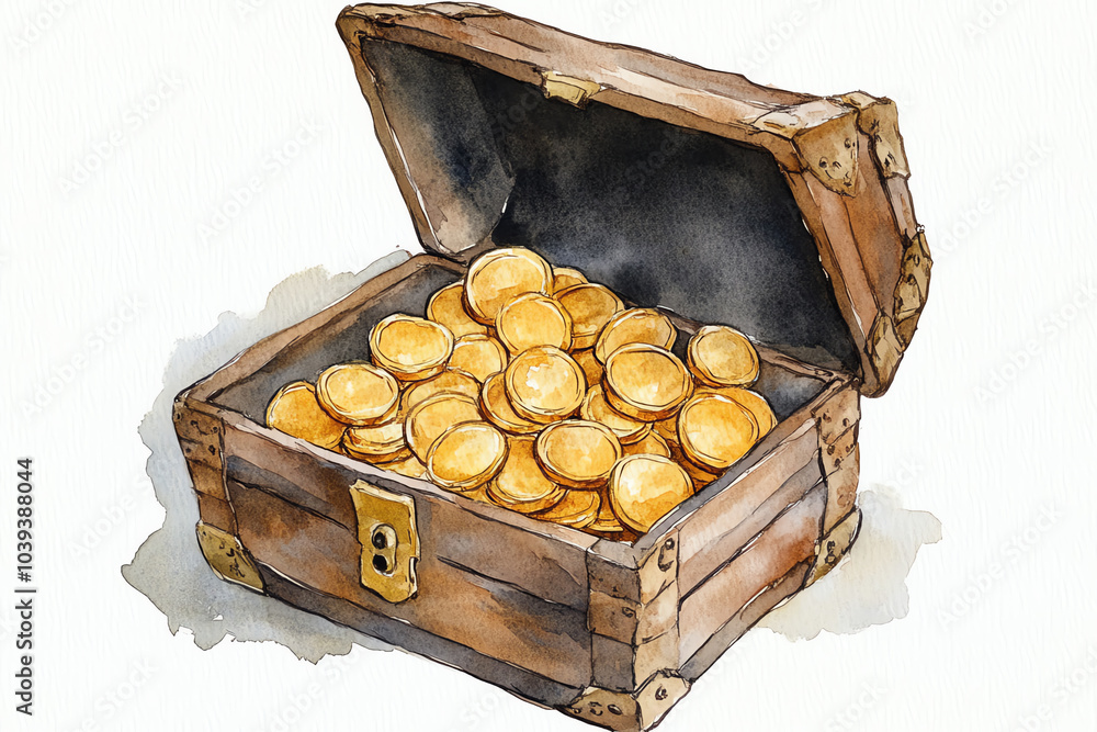 Clipart of a treasure chest with sparkling gold coins, painted in ...