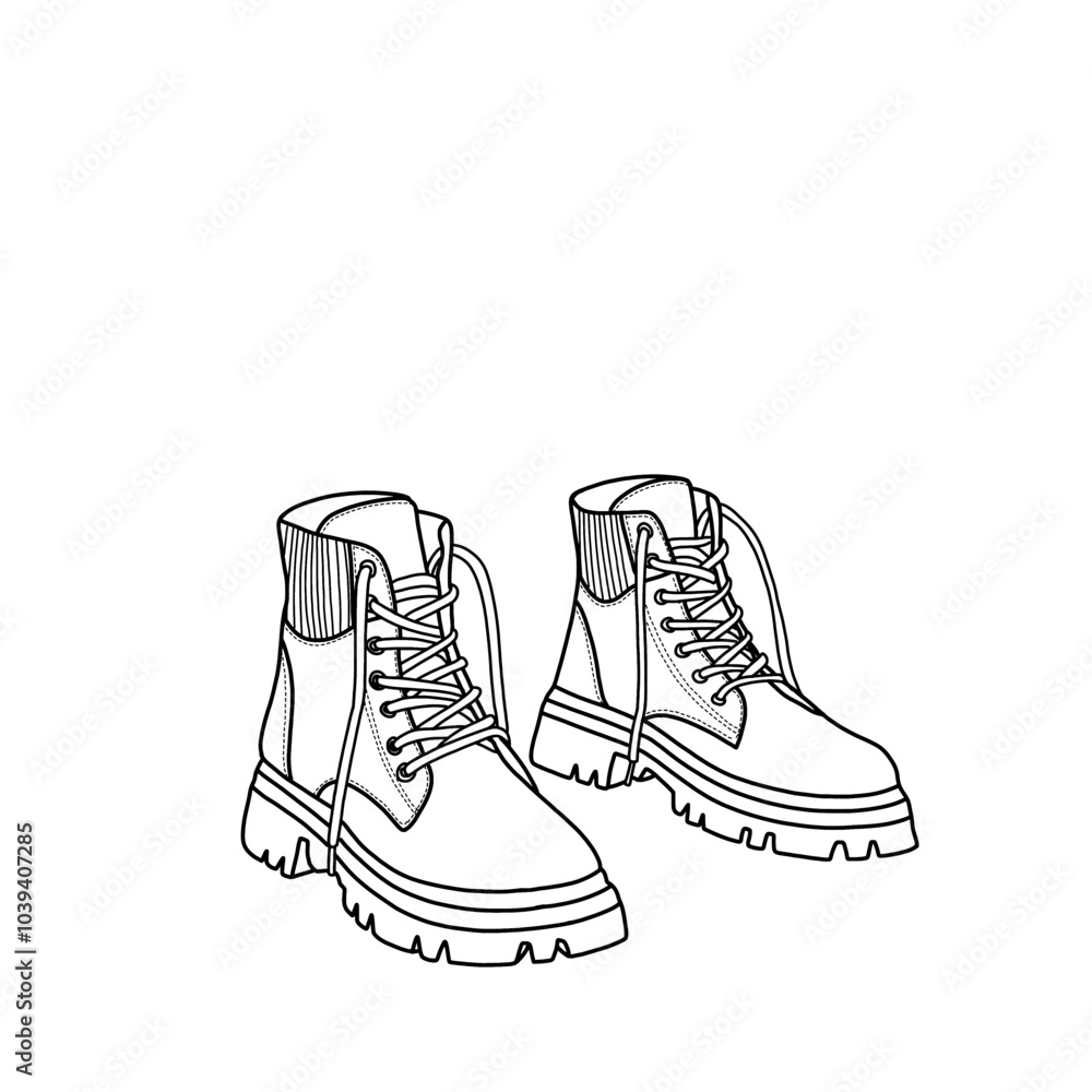 Technical sketch drawing of women's lace-up combat boot line art ...