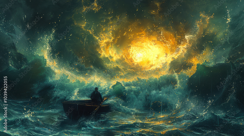 Man Rowing a Magic Boat in Stormy Sea with Rogue Waves and Fiery Sky ...