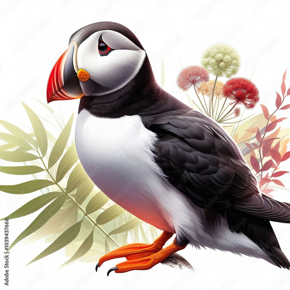 The Atlantic Puffin bird as a realistic painting with a flat block ...