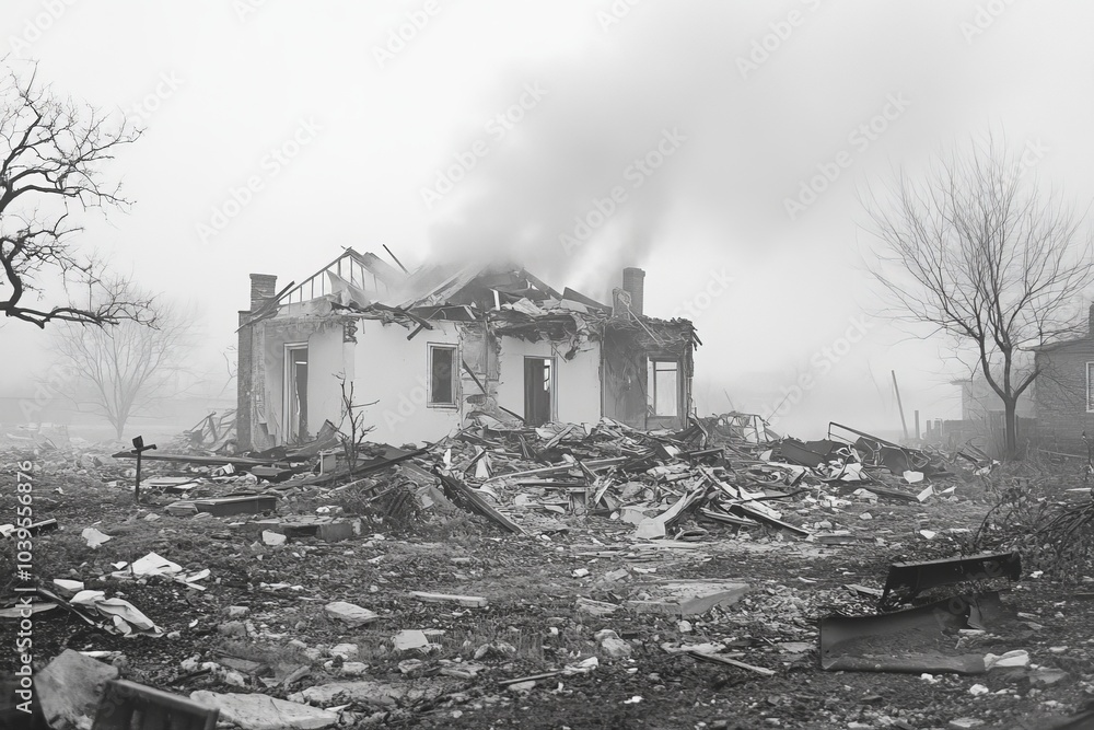 The remnants of a house crumble amidst a smoky, barren landscape ...