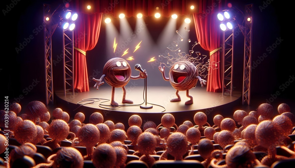 3d rendered wire characters perform comedy skits on a glowing stage ...