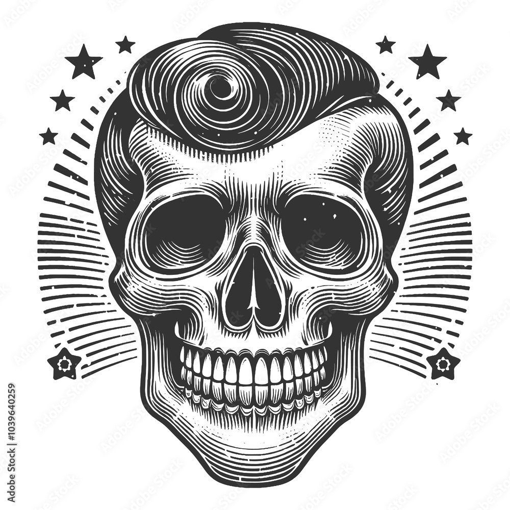 skull with a classic pompadour hairstyle, retro rockabilly aesthetic ...