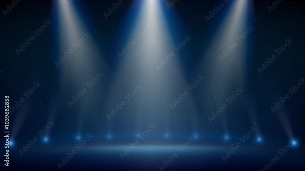 Stage, spotlight. Blue backdrop, dim, dark background for displaying ...