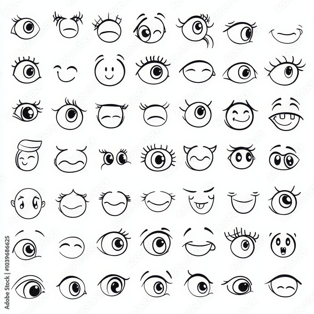 Japanese style cartoon eyes and mouths. Cute emoticon emoji characters ...