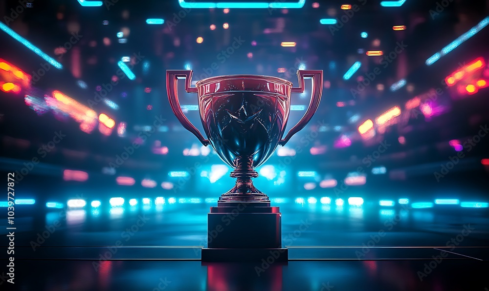 Futuristic neon-lit trophy cup center stage with dynamic lighting in an ...