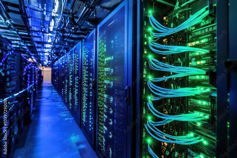 Data center with fiber optic cables glowing in neon blue and green ...