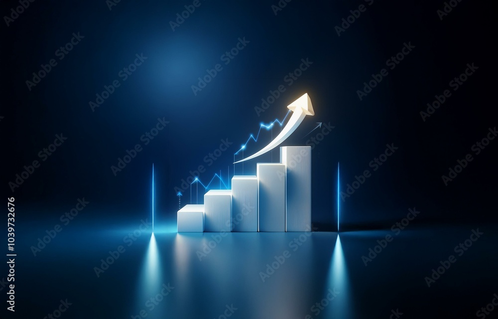 A white 3D bar graph rising upward, an arrow pointing upward with ...