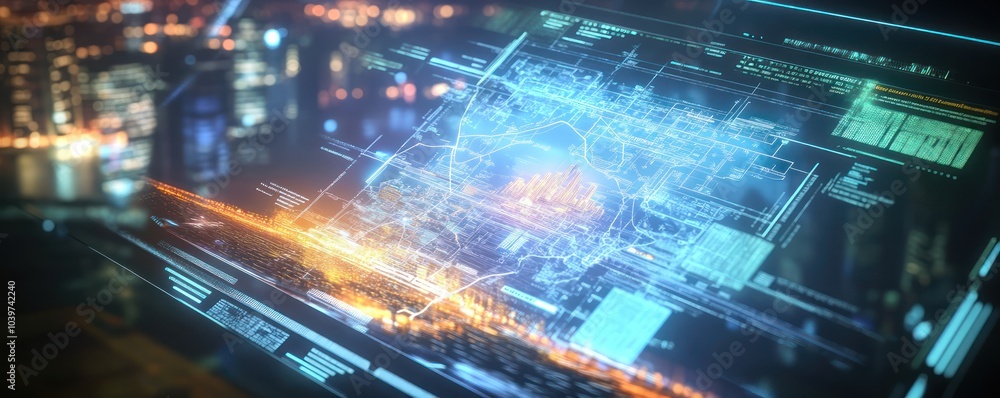 An advanced holographic display projecting a detailed city map in mid-air with data streams and ...