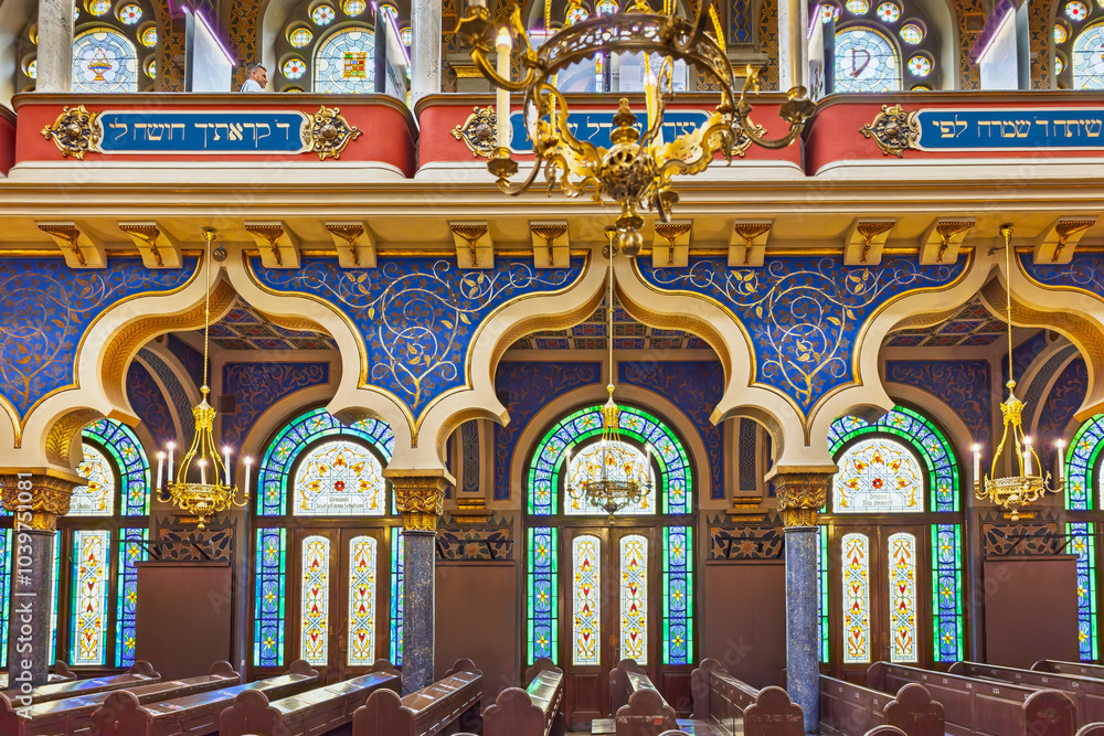 Prague, Czech Republic - May 27, 2024: Stained glass windows inside of ...