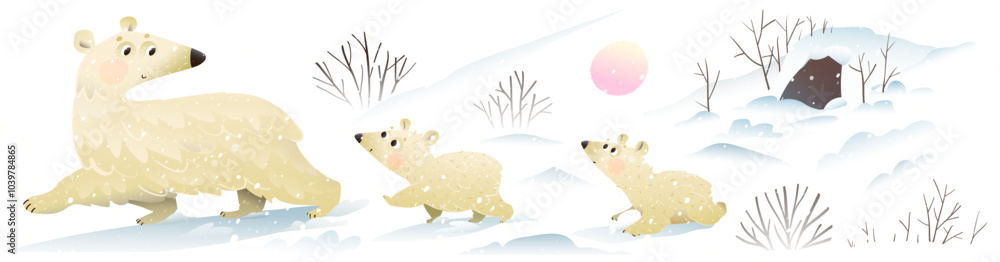 Polar bear mother and her cubs walking isolated clip art. Northern ...