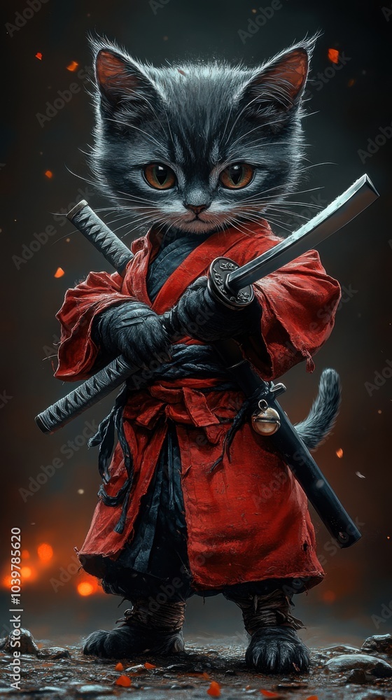 Chibi Cat Hero: Dynamic Dual Katanas Strike Stock Illustration | Adobe ...