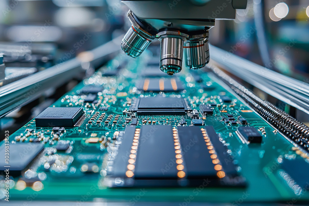 Microscope examining intricate circuit board in electronics laboratory ...