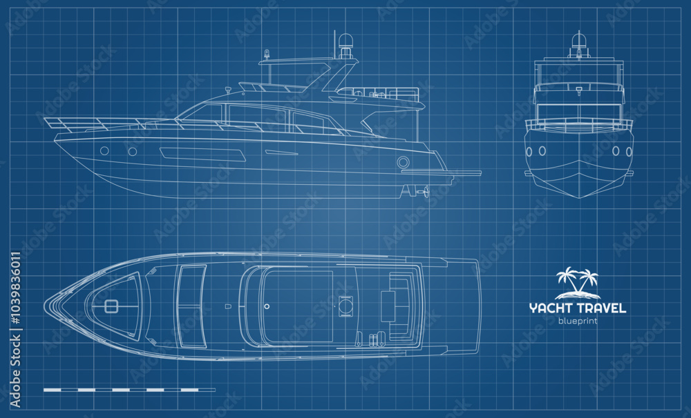 Outline yacht drawing. Side, front and top views of private ship ...