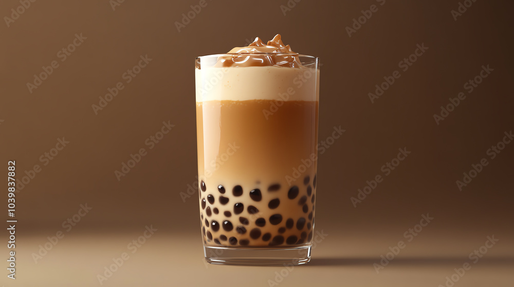 A side view of a tall glass of bubble tea, with chewy tapioca pearls at ...