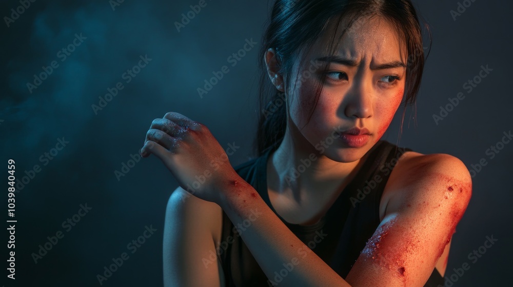 2410 5.Young Asian woman standing with her arm extended, showing ...