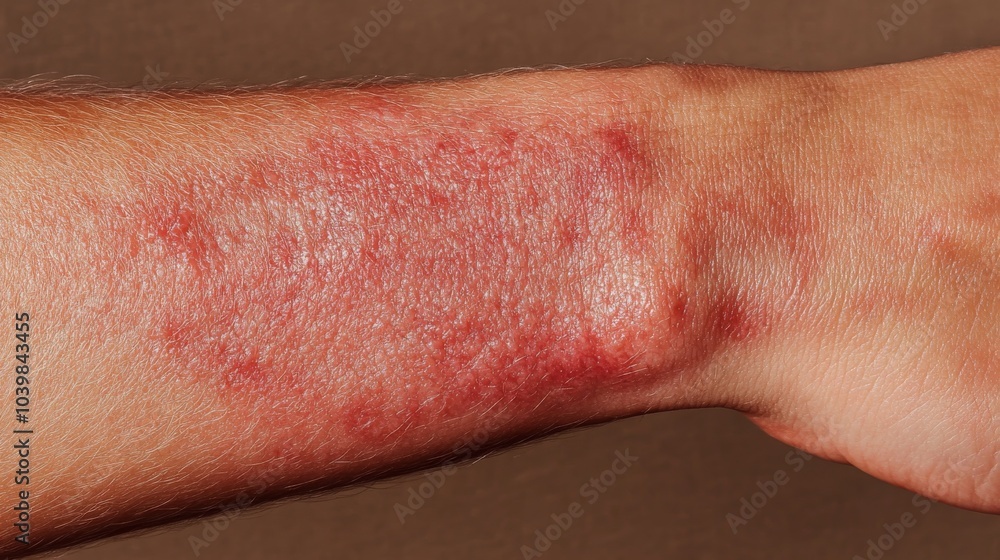 2410 42.Focus on a red, irritated rash on the forearm, with the person ...