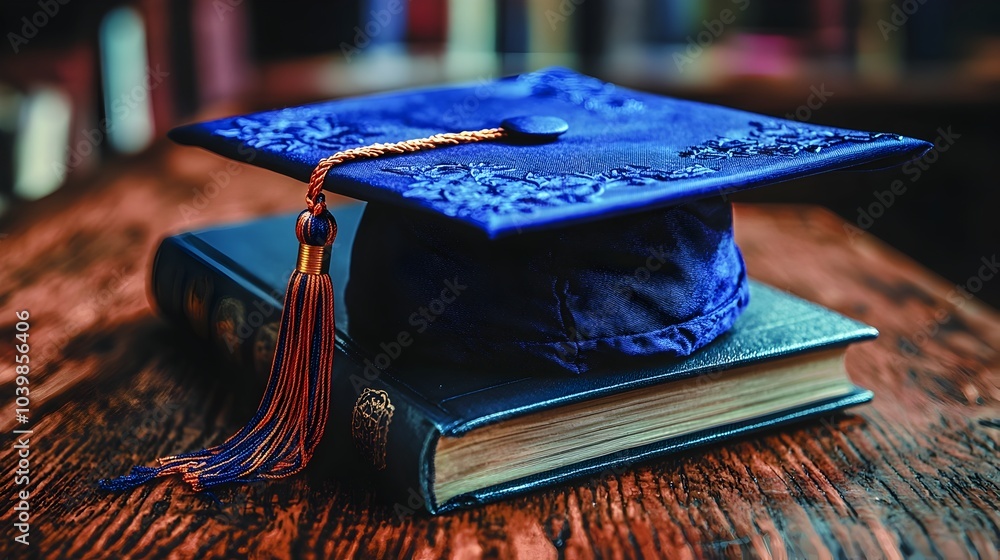 A graduation cap placed atop an open book symbolizing the achievement of academic success and ...
