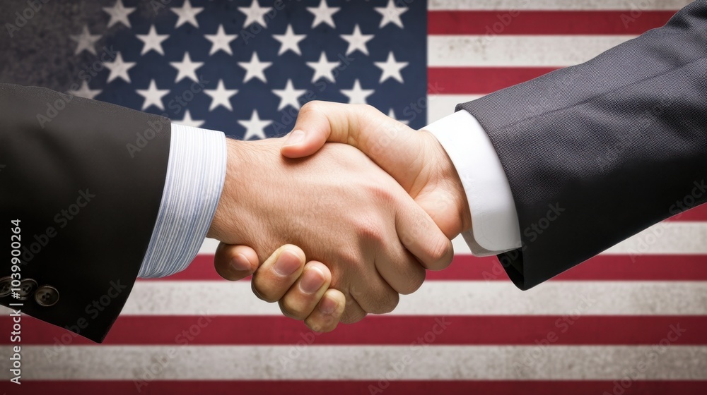 Business Handshake in Front of American Flag - Symbol of US Corporate ...