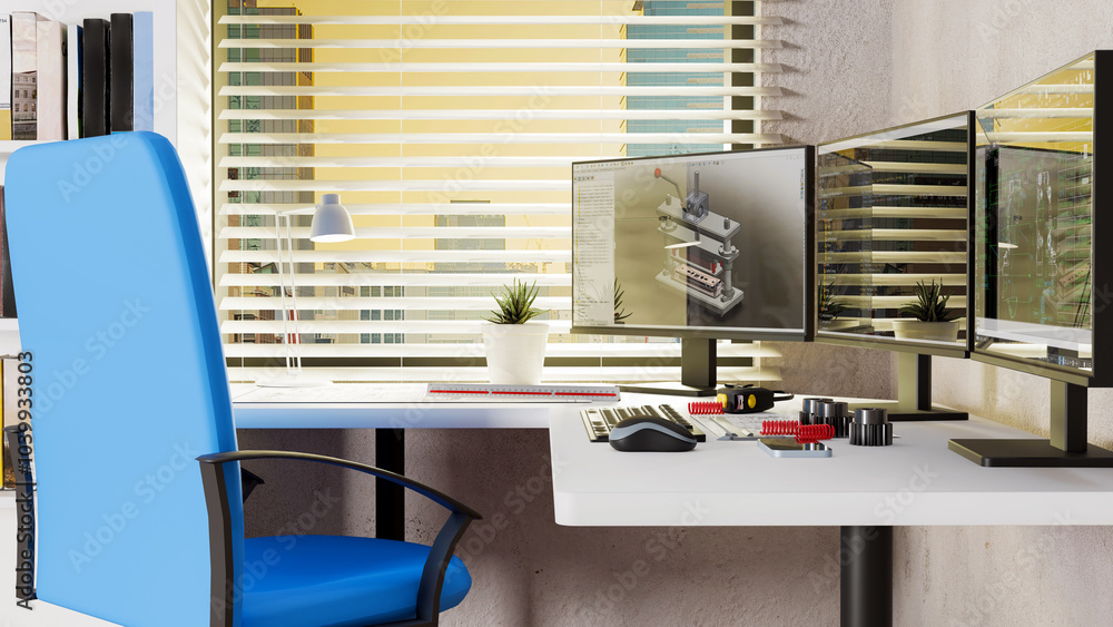3D generate of mechanical engineer designer desktop. 3D render: View of Mechanical engineer s ...